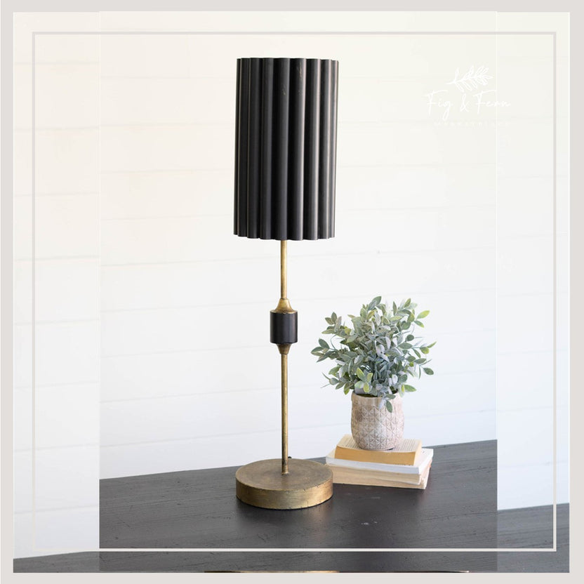 Antique Gold Table Lamp w/Fluted Black Metal Shade – Fig & Fern